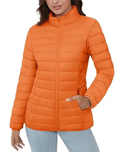 MAGCOMSEN Puffer Coat Women Winter Ultra-light Quilted Padded Jacket with 4 Pockets Full Zip Stand Collar Warm Coat, Orange M