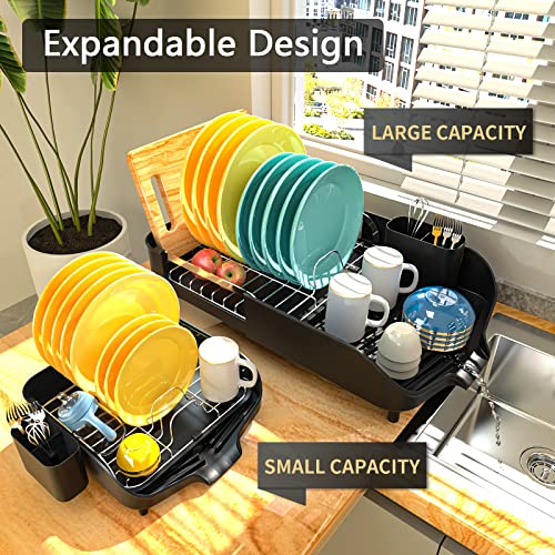 Dish Drying Rack, Expandable Dish Rack for Kitchen Counter(14'' to 20") Auto-Drain Stainless Steel Cutlery Rack and Utensil Holder, Kitchen Dish Drainer Rack - Black