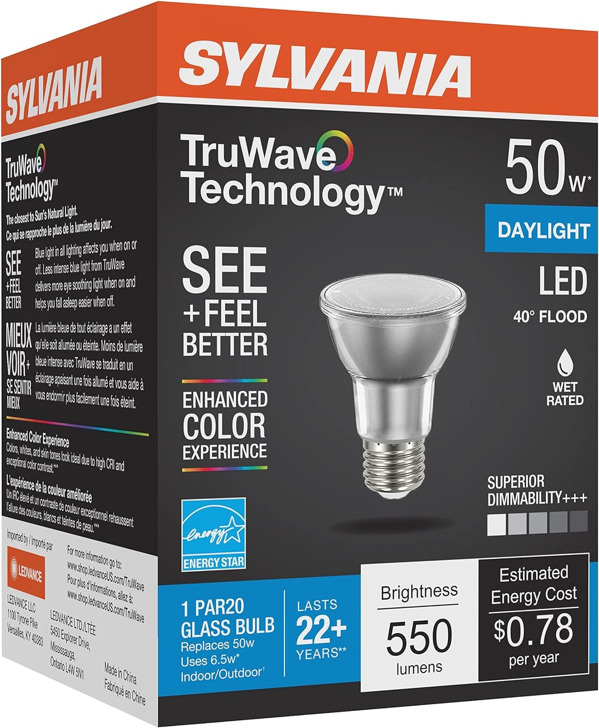 Sylvania LED TruWave Natural Series PAR20 Light Bulb, 50W Equivalent, Efficient 6W, Medium Base, Dimmable, 5000K, Daylight - 1 Pack (40921) White