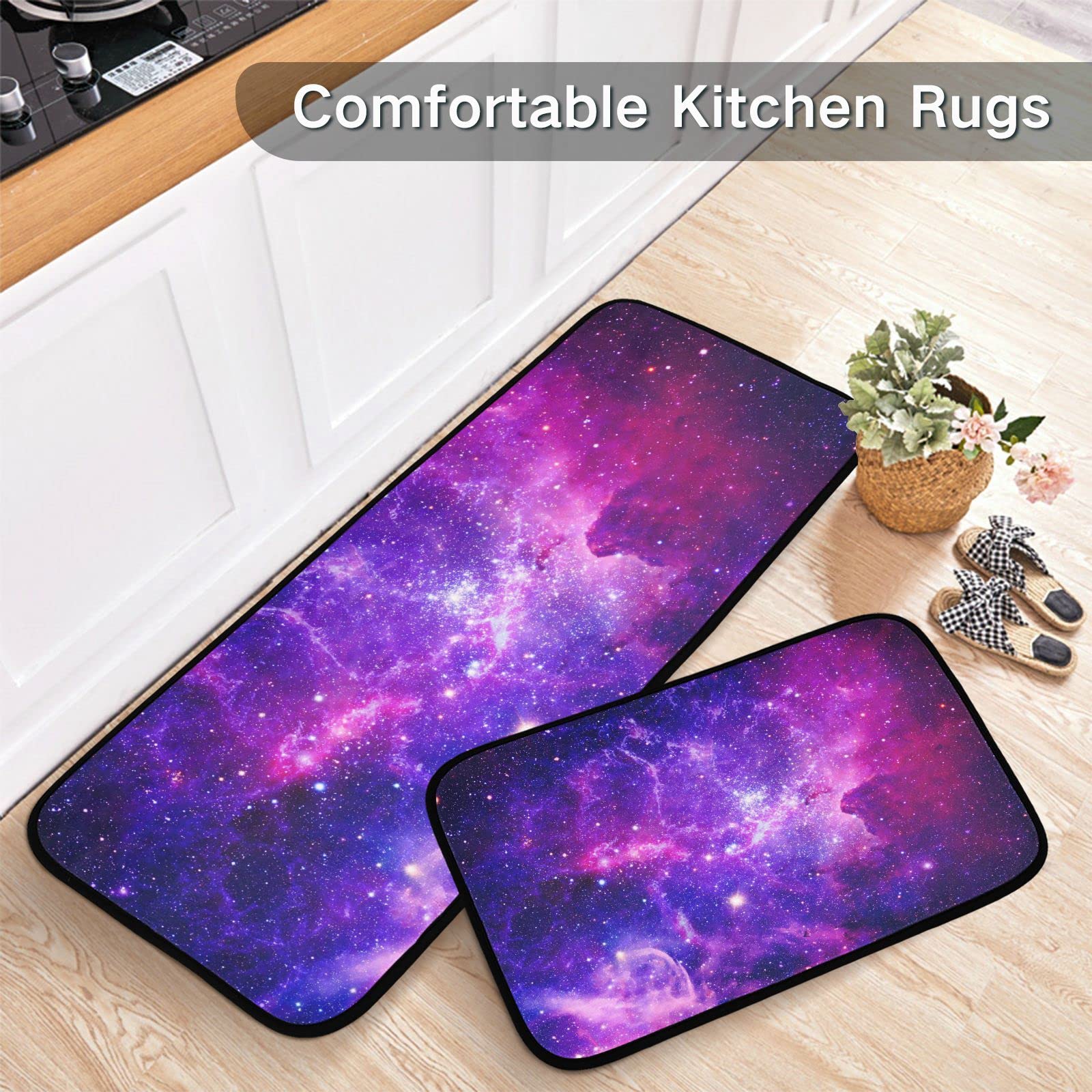 Galaxy Starry Sky Purple Kitchen Rugs and Mats 2 Pieces Anti Fatigue Kitchen Rug Set Non-Slip Bath Mat Entry Floor Carpet Entrance Door Mat Runner 20"x28"+20"x47"