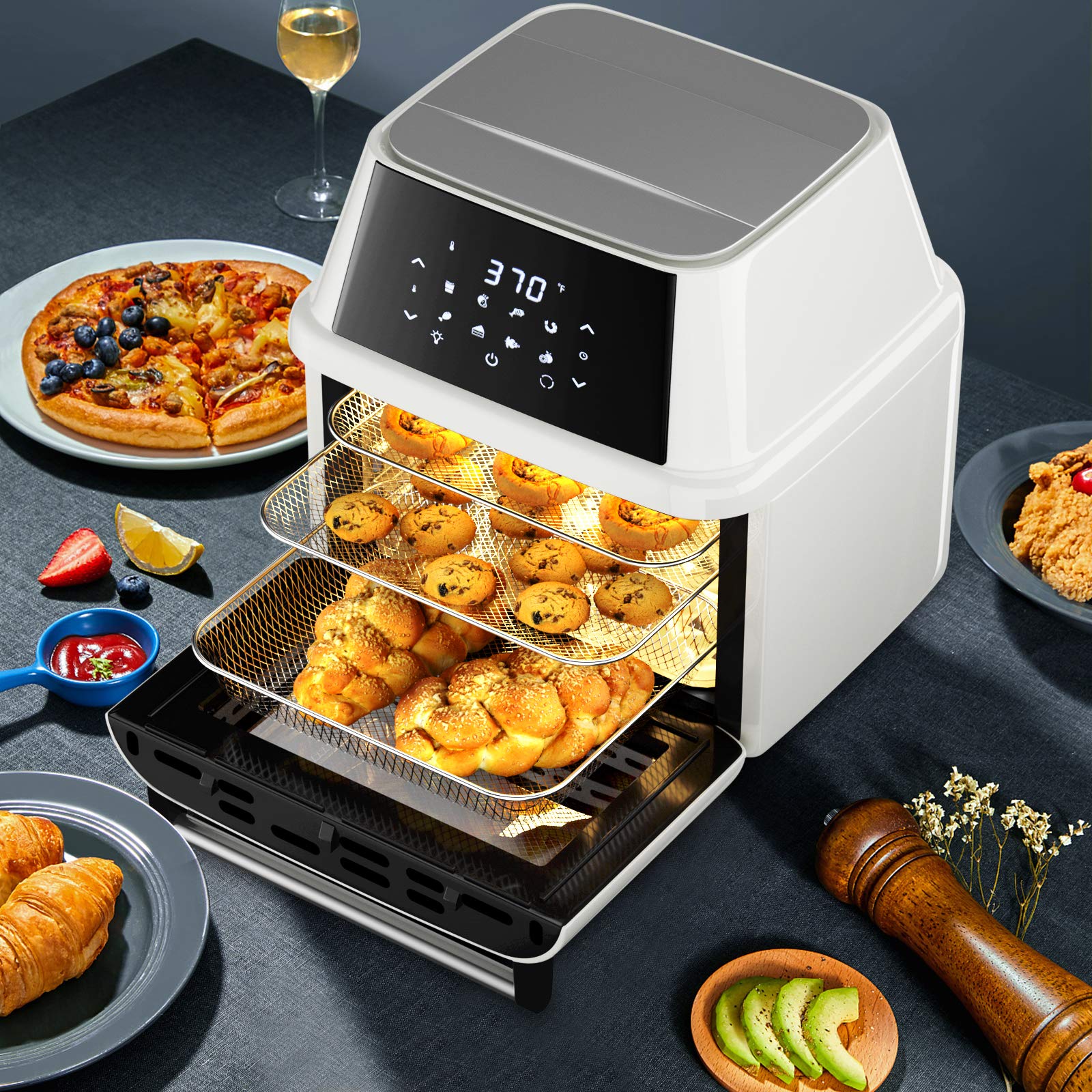 COSTWAY 8-in-1 Air Fryer Oven, Multifunctional Programmable 19QT Cooking Oven with 10 Accessories, Rotisserie, 8 Pre-set Recipe, LED Digital Touchscreen, Viewing Window, 1800W (White)