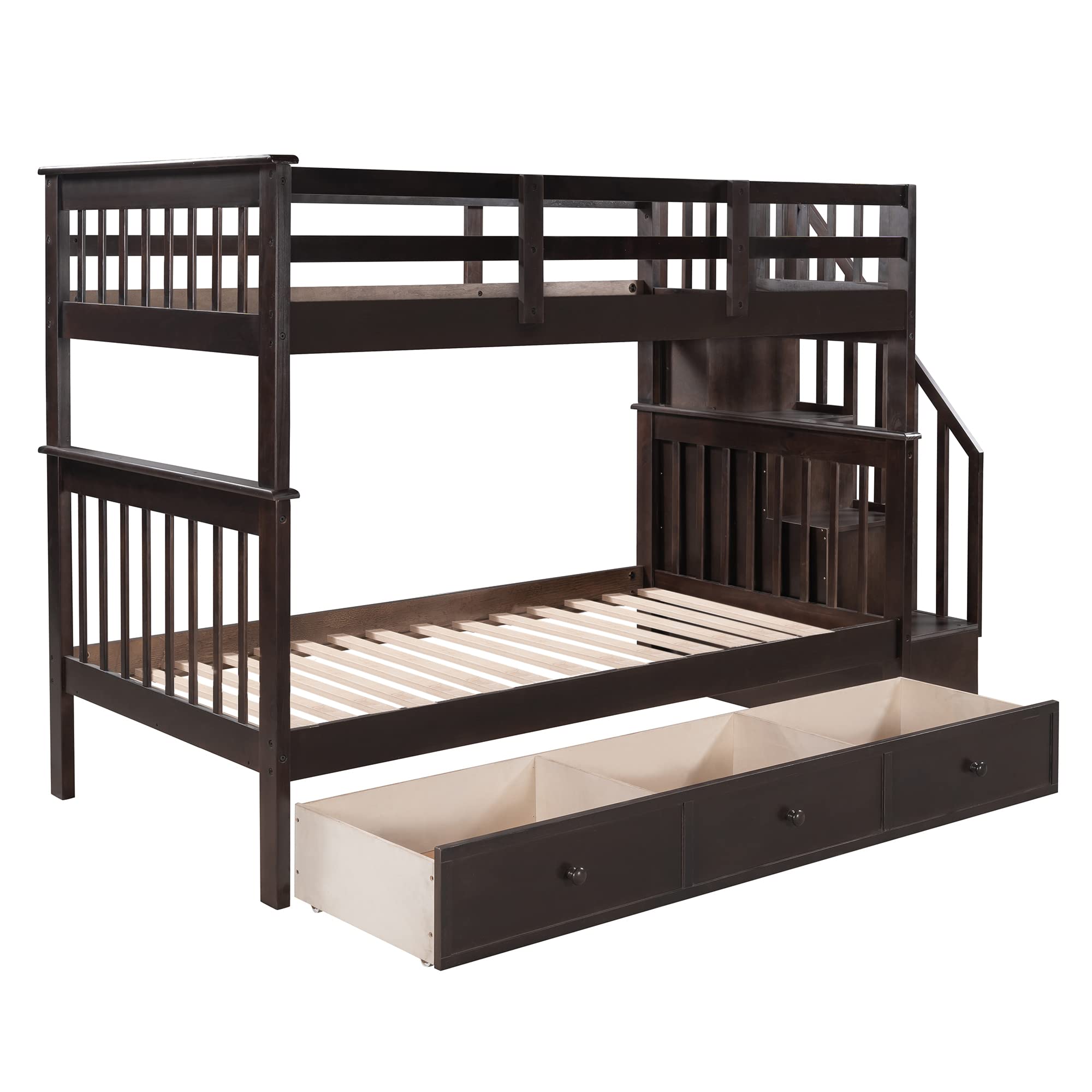 LostCat Full Over Full Bunk Beds, Full Size Bunk Bed with Drawers, Storage Stair and Shelves, Can be Divided into Two Beds, Bunk Bedframe for Teens and Adults, No Box Spring Needed, Espresso