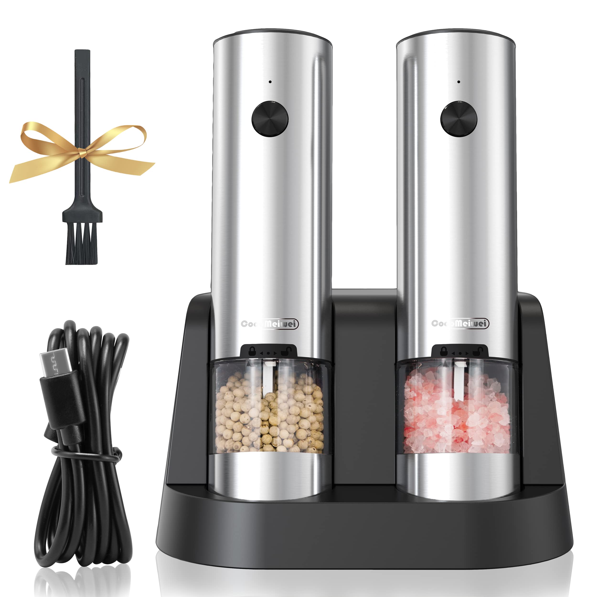 CocoMeiwei Salt and Pepper Grinder Set, Electric Pepper Grinder 2 Pack USB Rechargeable,Stainless Steel Push-button Pepper Mill, Adjustable Coarseness, One Hand Automatic Salt and Pepper Grinder