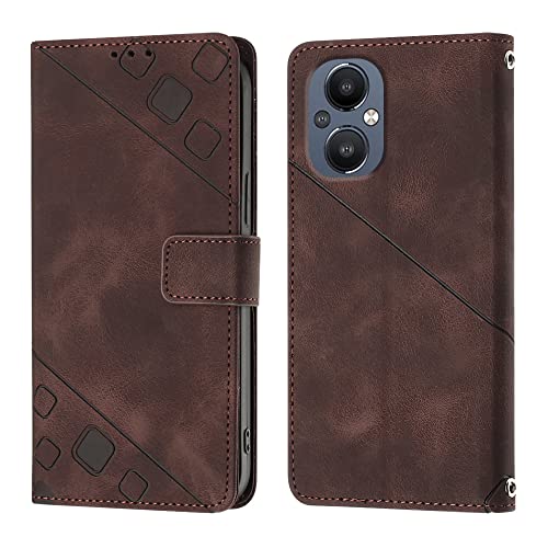 Compatible with OnePlus Nord N20 Wallet Case with Credit Card Slots Kickstand and a Wrist Strap Brown Leather Protective Cover with Embossed Design for 5G 6.43 inch
