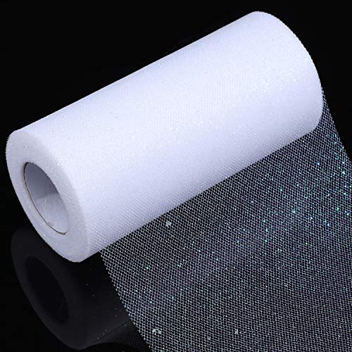 Senkary Glitter Tulle Roll Sparkling Tulle Ribbon Fabric Tulle Spool for Wedding Decoration Gift Wrapping, 6 Inch by 25 Yards (White)