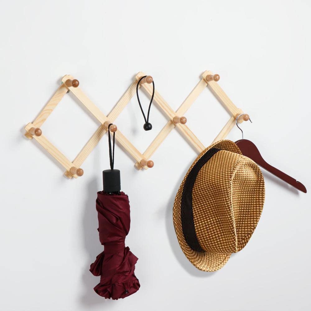 Natural Wooden Expandable 10 Peg Coat Hooks Key Holder Hat Closet Hook Fold Shelf Bathroom Rack Fixed On Wall Hanger(12.6inch,Wood Color)