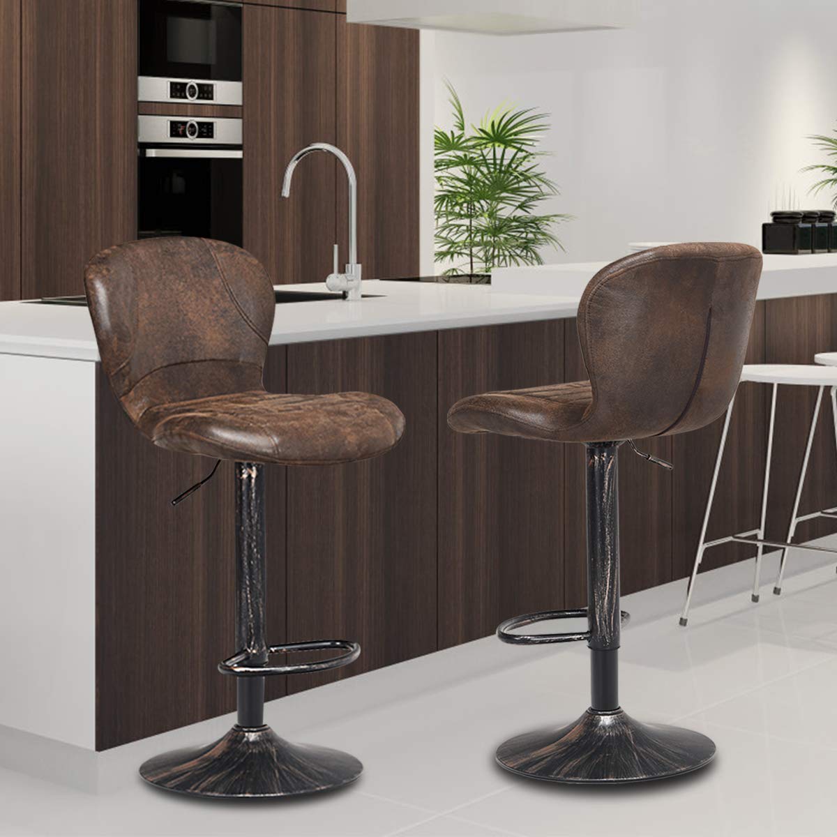 COSTWAY Bar Stools Set of 2, Adjustable Swivel Barstools with Back, Hot-stamping Cloth and Chrome Footrest, Barstools Bar Height Chairs for Kitchen Dining Living Bistro Pub, Retro Brown