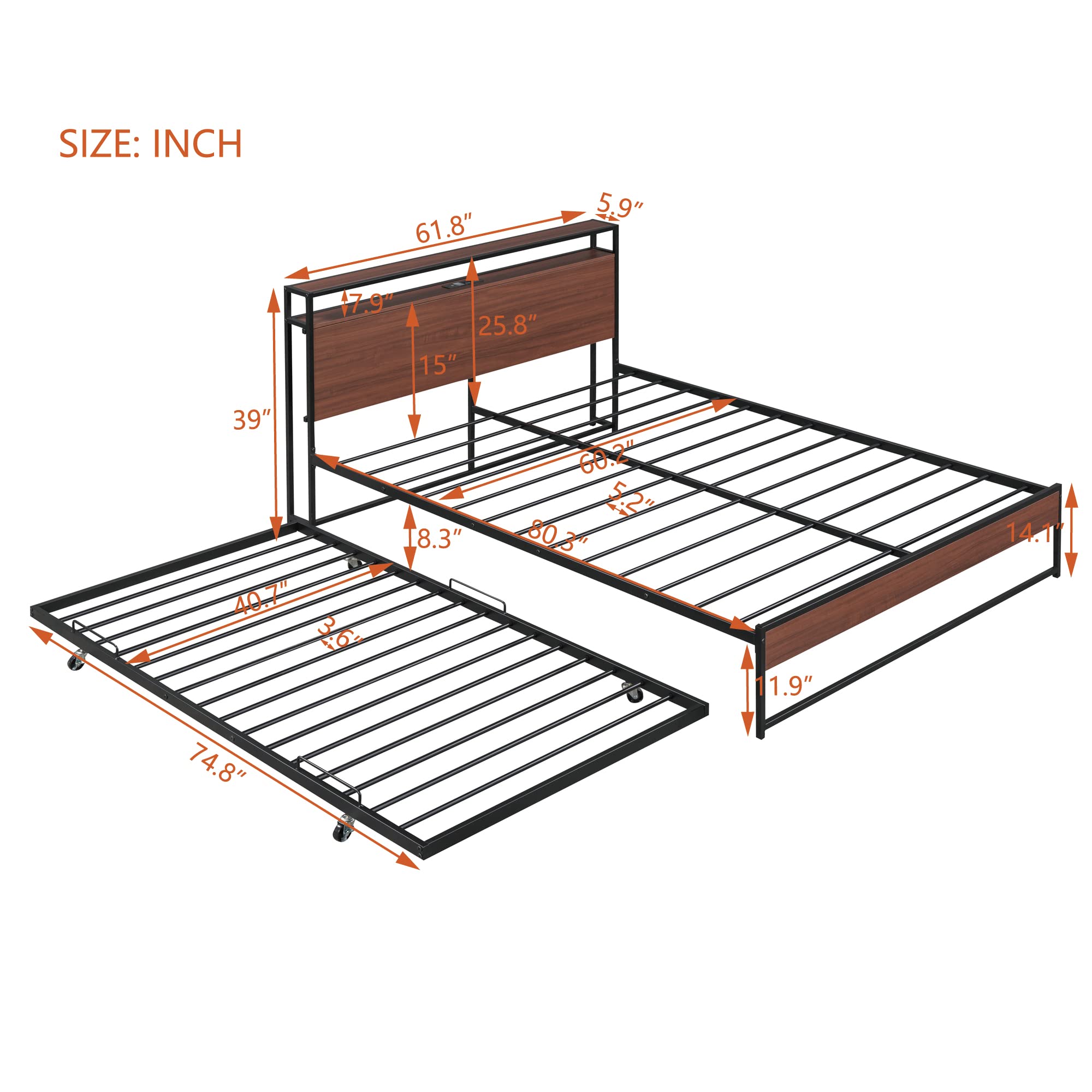 LostCat Queen Bed with Trundle, Metal Bed Frame with Twin Size Trundle, Queen Size Bed Frame with Storage Headboard USB Ports Outlets for Bedroom, Steel Slat Support, No Box Spring Needed, Black