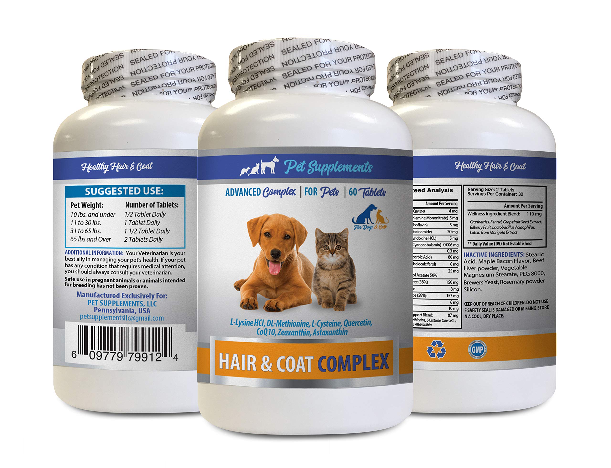 Pet Supplements cat Skin Treats - Pets Hair and Coat Complex - for Dogs and Cats - Advanced Benefits - Itch Relief - cat Immune System Support - 1 Bottle (60 Tablets)