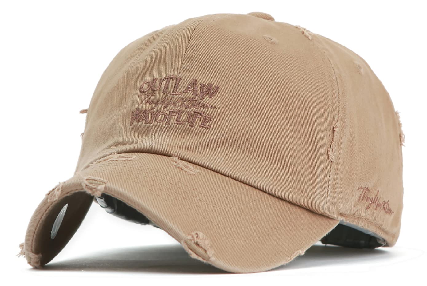 Flipper Thuglife Mixed Logos Stone Washed Cotton Vintage Bullet Holes Unconstructed Distressed Baseball Cap Dad Hat Ballcap (Medium ~ Large, D.Beige)