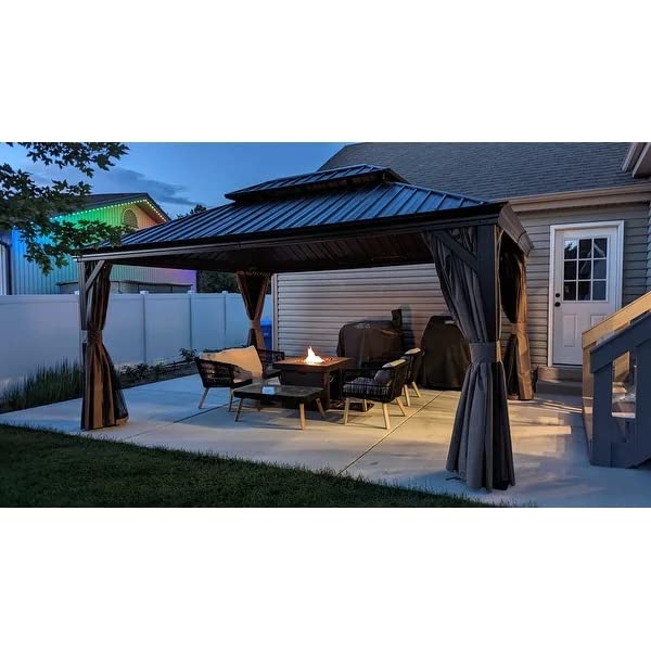 Kozyard Alexander Hardtop Aluminum Permanent Gazebo with a Mosquito Net and Privacy Sidewalls (Alexander 12'x16' (Brown)