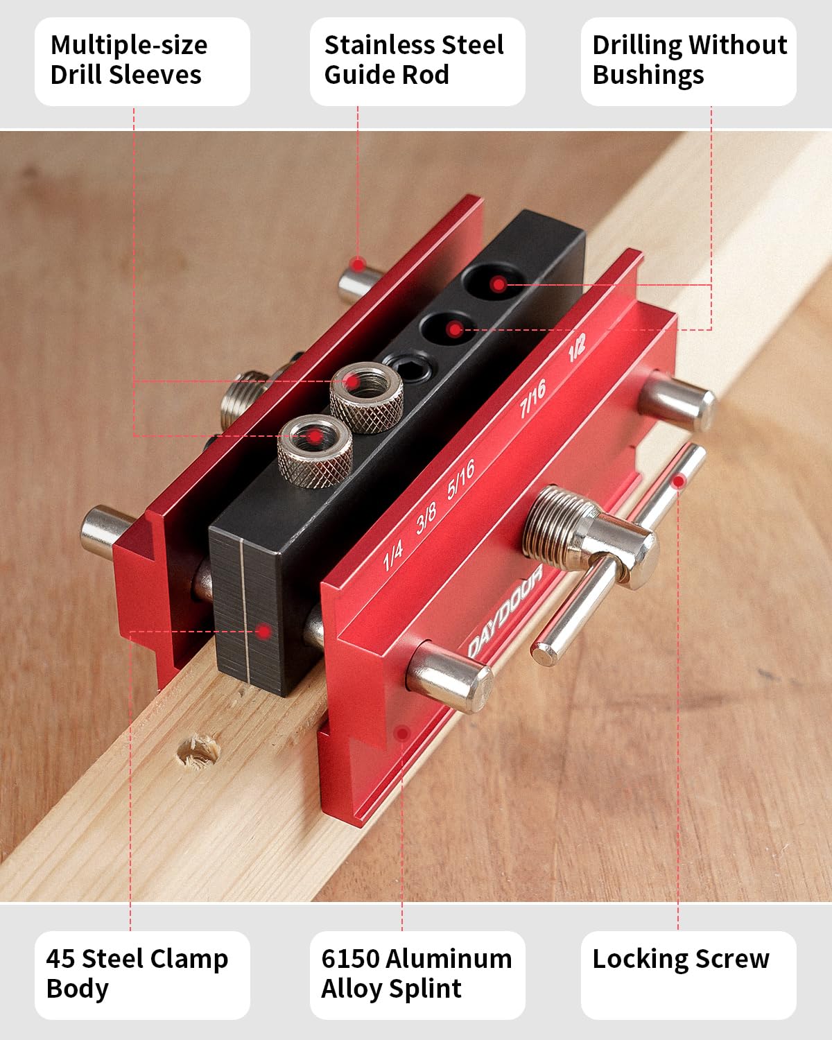 DAYDOOR Self Centering Doweling Jig, Adjustable Width Dowel Jig for Straight Holes, Biscuit Joiner Set with 6 Bushings and 3 Drill Bits(Red)
