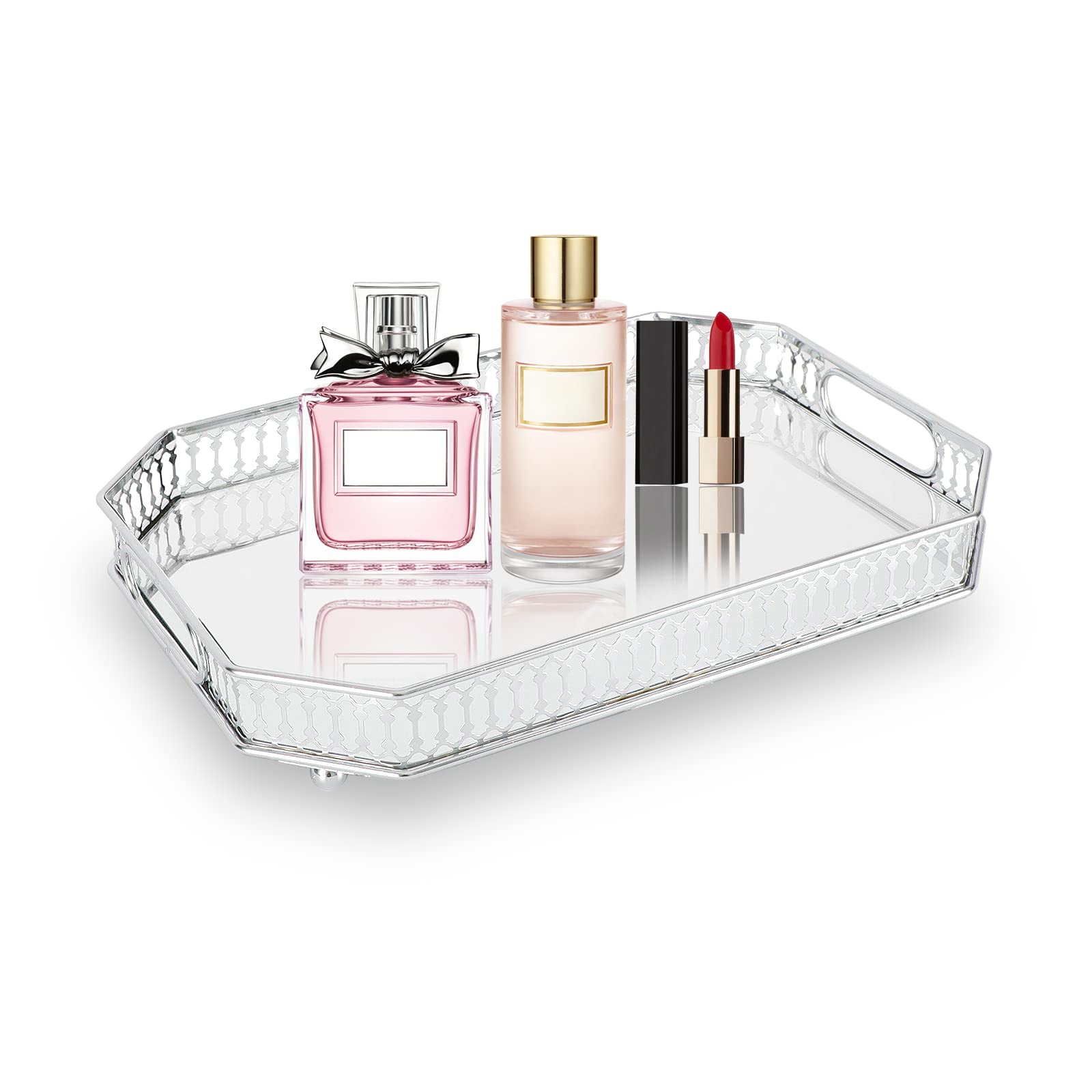 Decorative Tray, Mirror Tray for Perfume Organizer, Makeup Tray with Metal Handle for Bathroom,Countertop,Bedroom, 9.8"x13.7"x1.5"