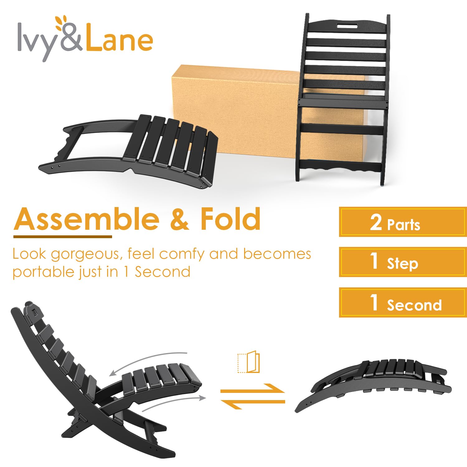 IVY&LANE Portable Xavier-Chairs Set of 2 | Folding-Adirondack-Chair | Wave | HDPE Plastic | Black | All-Weather Resistant | for Outdoor Fire-Pit Patio Lawn Beach Poolside