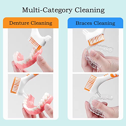 Octuitey Denture Brush 2Pcs Denture Toothbrushes,Denture Cleaning Care Cleaning Brush ,Double Sided Toothbrush,Multi-Layered Bristles and Rubber Anti-Slip Handle (Green and Orange)