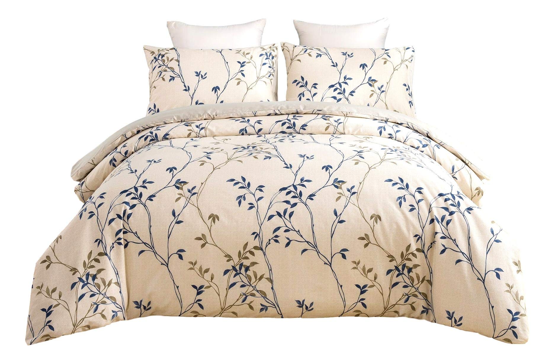 Tache Elegant Leaf Vine Nature Earthy Floral Neutral Cream Beige Tan Blue Breathable Poplin Cotton Zipper Duvet Cover, King