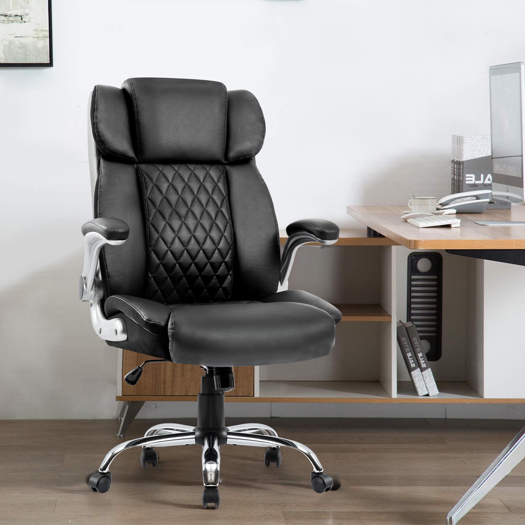 HOMYEDAMIC High Back Ergonomic Office Chair, Flip Arms Big & Tall Executive Swivel PU Bonded Leather Computer Chairs Adjustable Tilt Angle, Wide Thick Seat (7012-BK)