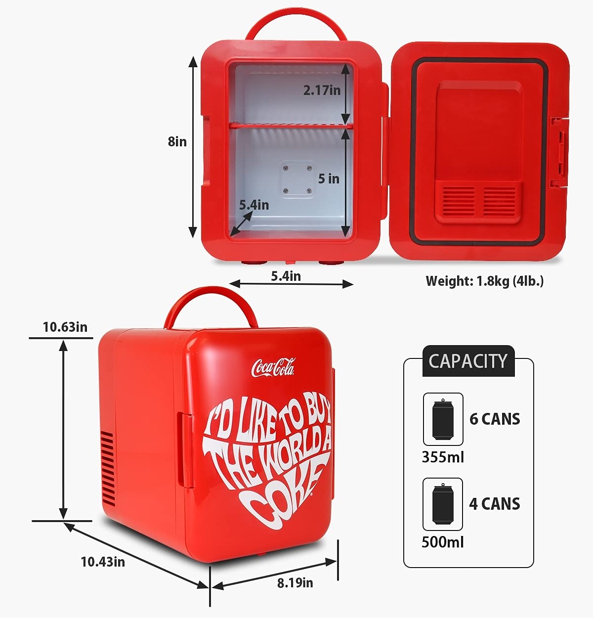 Coca Cola World 1971 Series Portable 6 Can Thermoelectric Mini Fridge Cooler/Warmer, 4 L/4.2 Quarts Capacity, 12V DC/240V AC for Home, Dorm, car, Boat, Beverages, Snacks, Skincare, Cosmetics