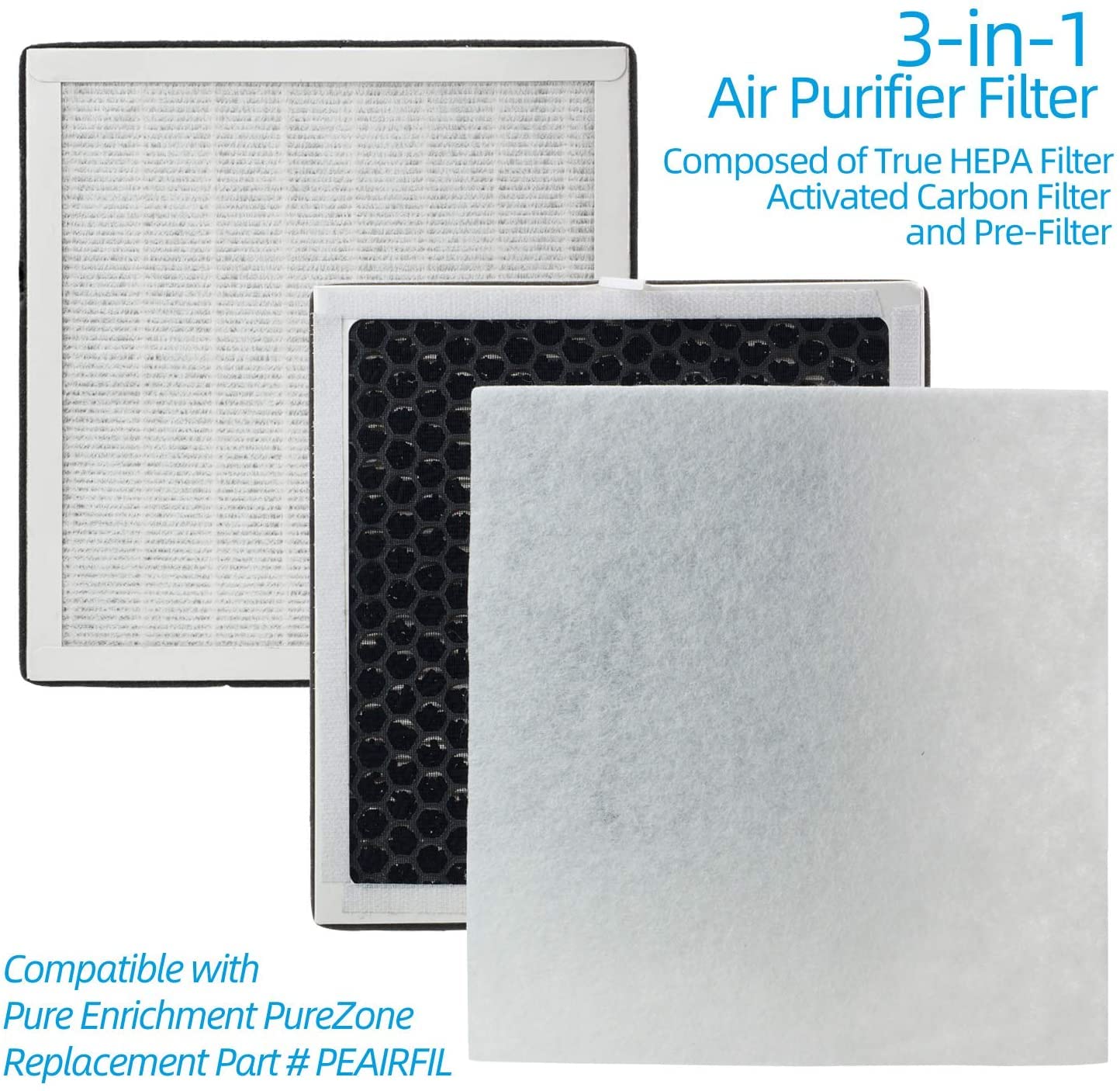 XIMOON 3-in-1 True HEPA Filter Replacement for PureZone Air Purifier Pure Enrichment Pure Zone Part # PEAIRFIL, 2 Pack