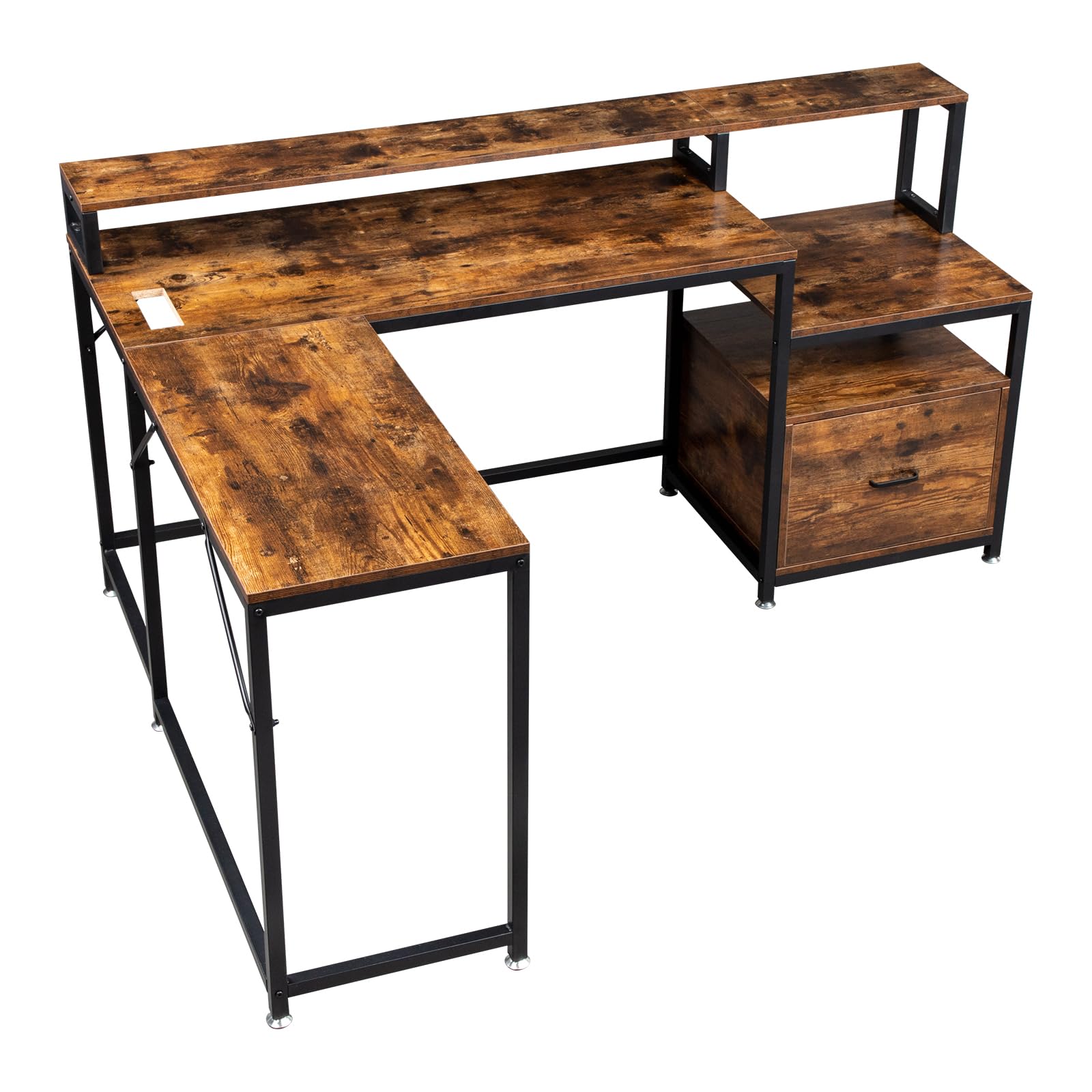 DESIGNSCAPE3D Spacious Retro Wood Grain L-Shaped Computer Desk with File Drawer Cabinet and Wireless Charging
