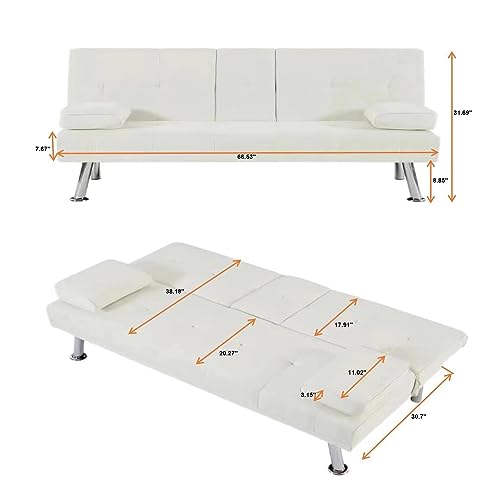 RIDFY 66.5” Modern Futon Sofa Bed with Metal Legs/2 Cupholders, Convertible Folding Upholstered Loveseat, Memory Foam Living Seat with Removable Armrests for Compact Spaces/Apartments/Office (Black)