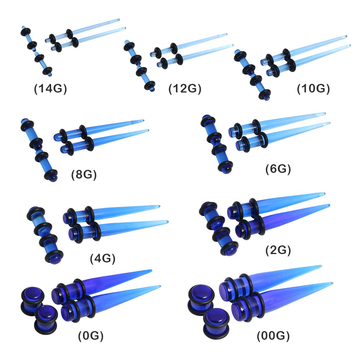 CrazyPiercing 36pcs Ear Gauges Kit Clear Acrylic Tapers and Plugs Double O-rings 14G-00G Stretching Kit (Clear Blue)