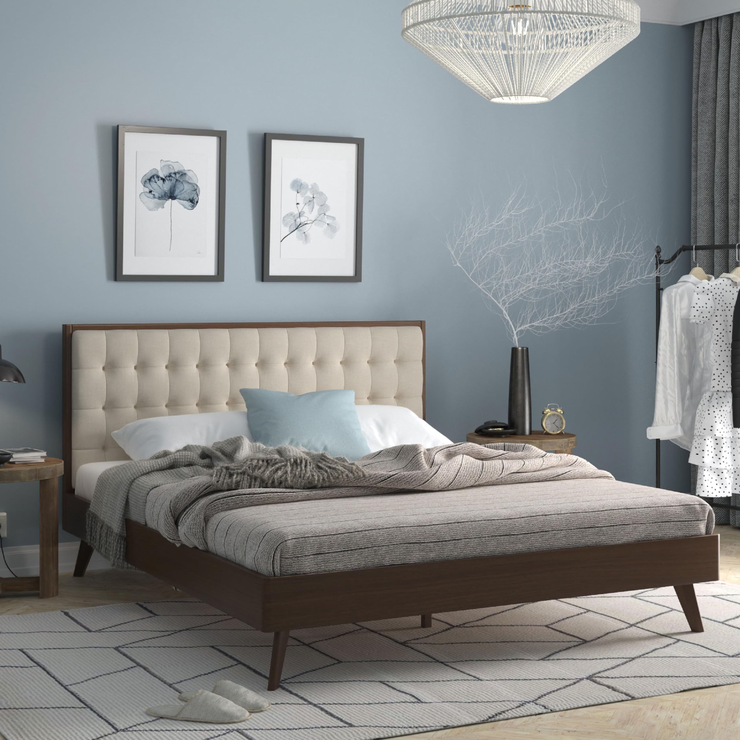 DG Casa Soloman Beige Solid Wood and Upholstered Platform Bed Frame with Tufted Headboard, Full Wooden Slats, Easy Assembly, No Box Spring Required - Modern Mid Century Style King Size Bed