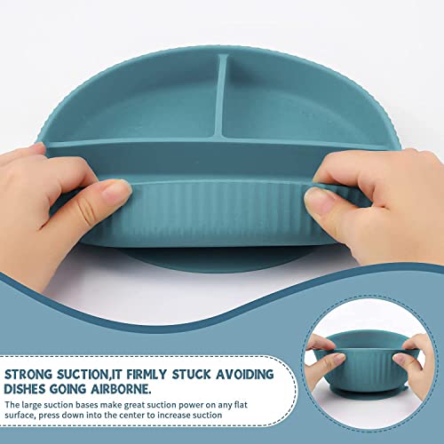 Silicone Baby Feeding Set, 2 adjustable bibs with food collectors, 1 suction cup divider, 1 suction cup, 1 sippy cup,1 stage 1 spoon and 1 fork, Baby Led Weaning Utensils,Toddler Self Feeding Set