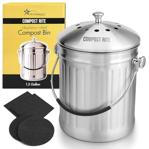 Compost Rite Stainless Steel Compost Bin for Kitchen - 1.3 Gallon, Indoor Countertop Compost Bin, Kitchen Compost Bucket with Lid & Carrying Handle, Odor-Free Compost Pail for Food Waste