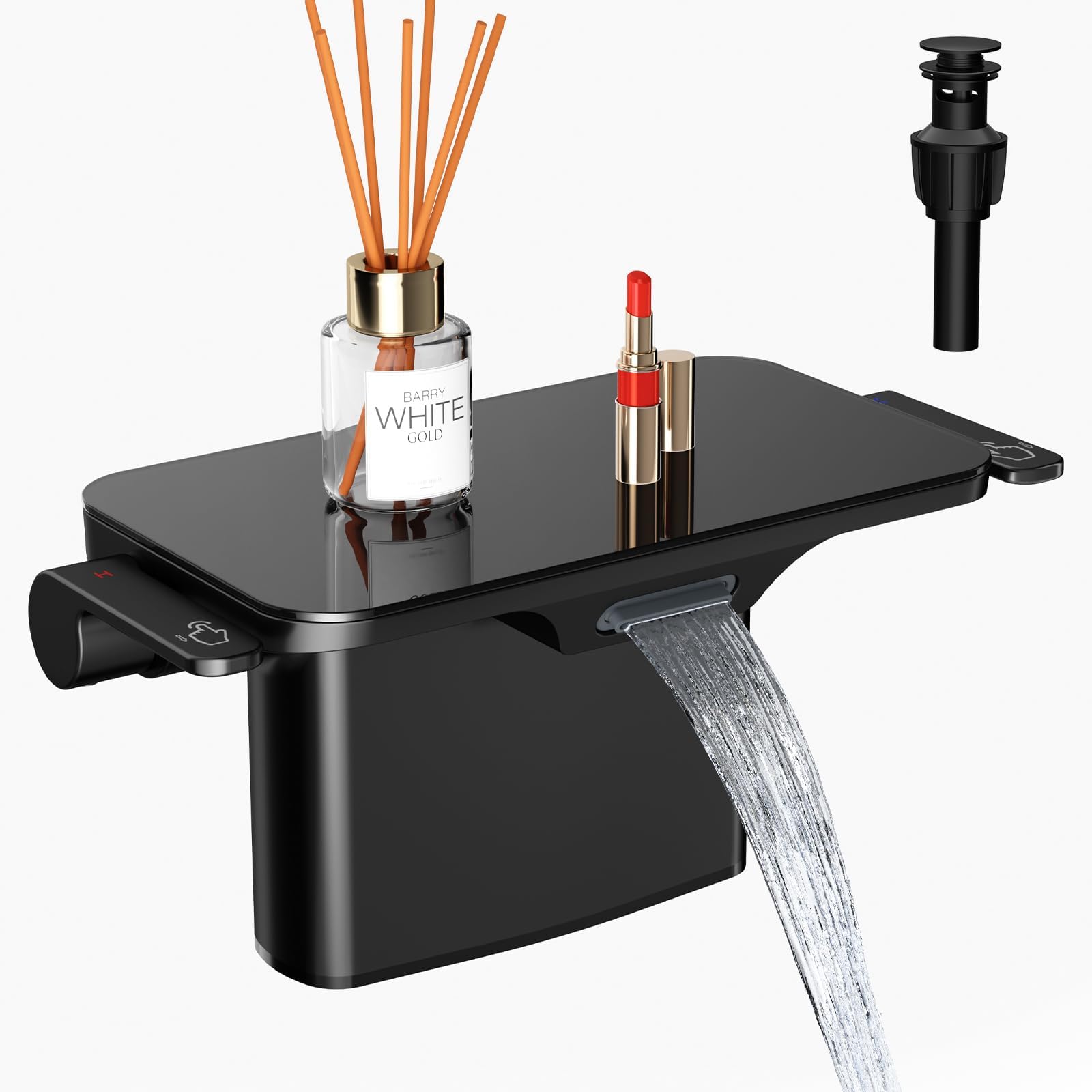 Matte Black Bathroom Sink Faucet - 4 Inch Bathroom Vanity Sink Faucet with Storage Platform, 2 Hole Faucet with Pop-up Sink Drain Stopper, Solid Bathroom Basin Faucet
