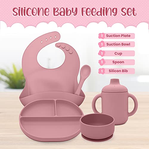 Silicone Baby Feeding Set - Food-Grade Baby Led Weaning Supplies For Toddlers - Includes Non-BPA Suction Plate with Divider, Suction Bowl, Pocket Bib, Spoon & Sippy Cup For Weaning - Pink
