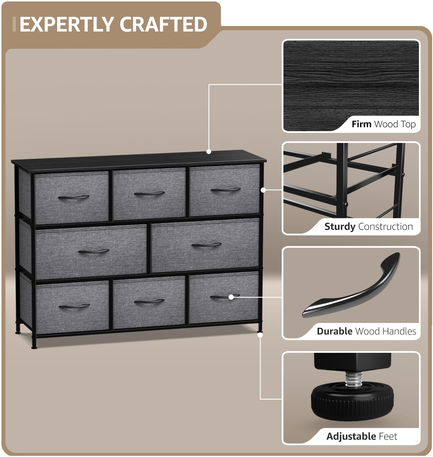 Sorbus Dresser with 8 Drawers - Chest Organizer Unit with Steel Frame Wood Top & Handle Easy Pull Fabric Bins for Clothes - Wide Storage Furniture for Bedroom, Hallway, Living Room, Nursery & Closet