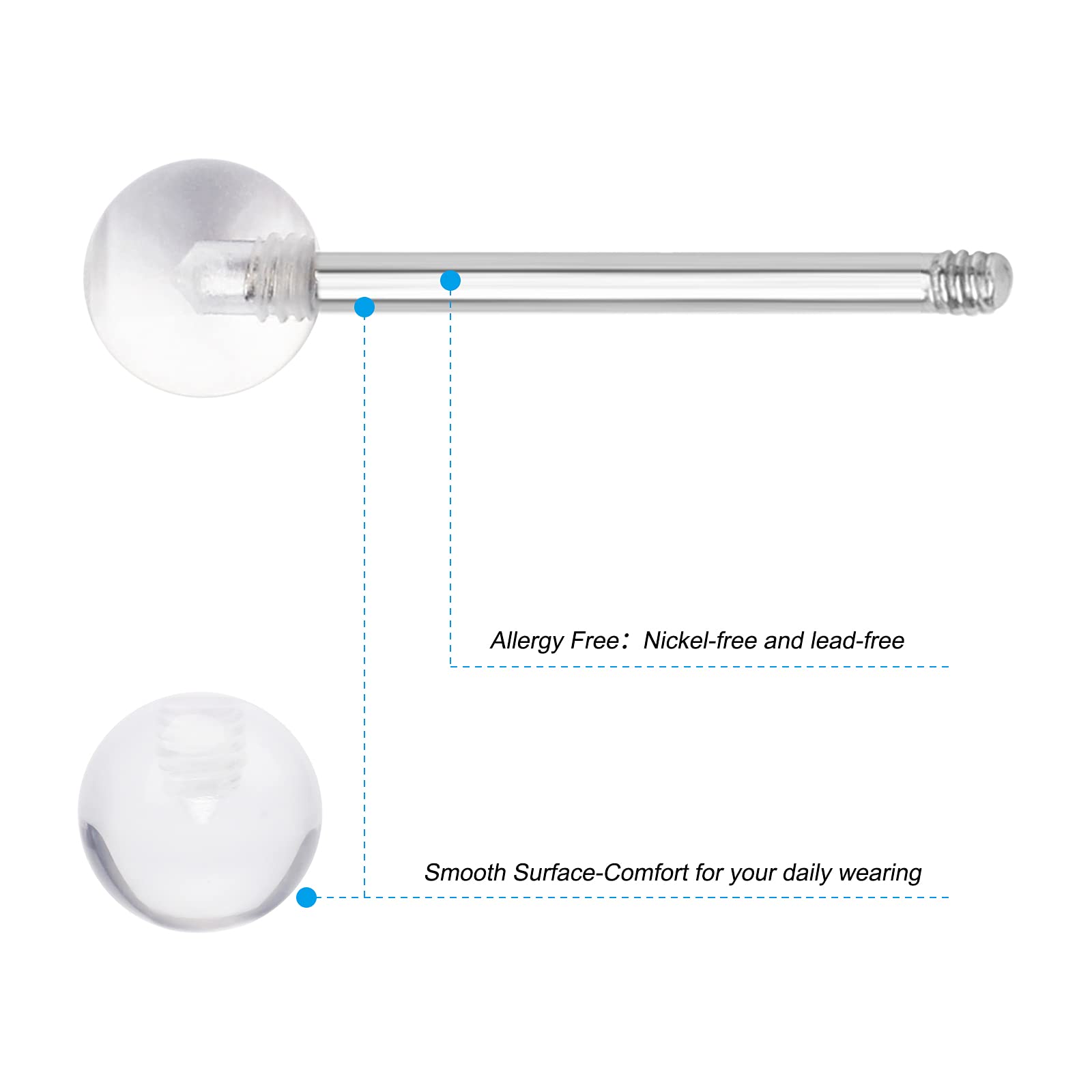 CrazyPiercing Transparent Acrylic Ball and Stainless Steel Bar Tongue ring 14G or Nipple Ring