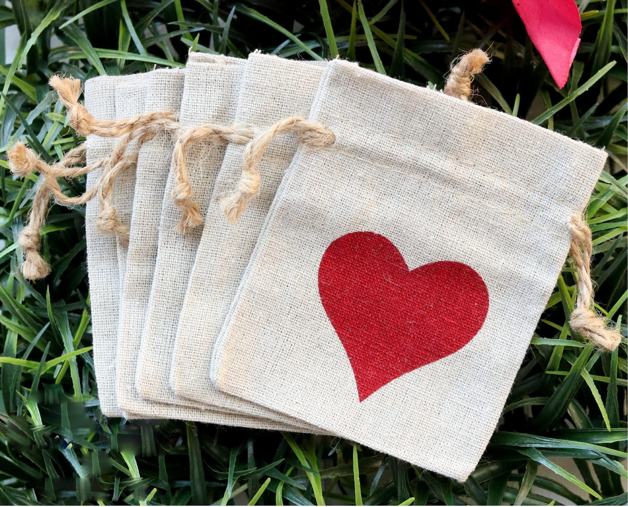 Cotton Jewellery Organizer Packaging Print Red Hearts Cute Wedding Gift Bag Jewelry Storage Drawstring Pouch