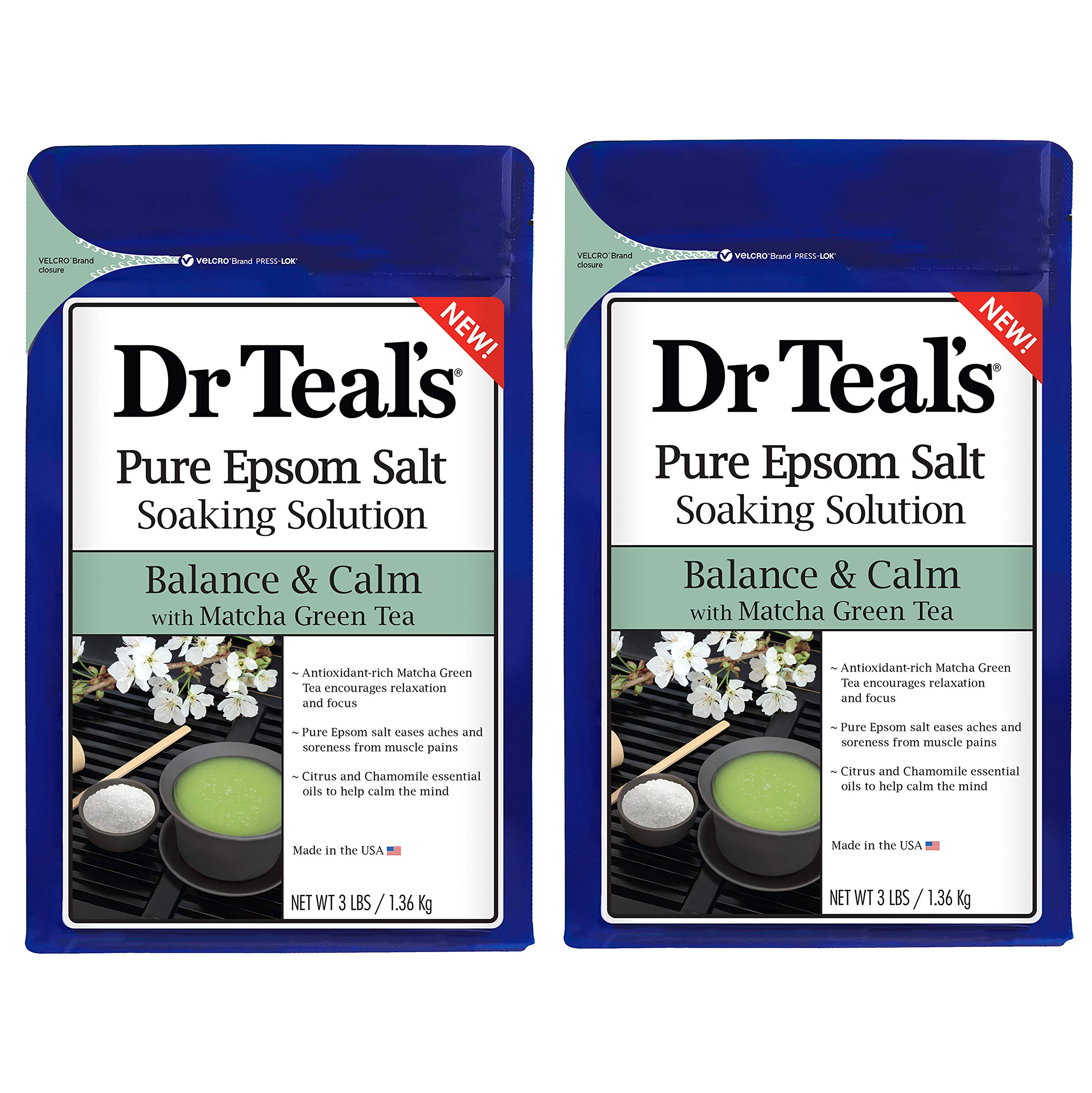 Dr Teal's Epsom Salt Matcha Green Tea Bath Soaking Solution - Balance & Calm - Pack of 2, 3 lb Resealable Bags - Moisturize Your Skin, Relieve Stress and Sore Muscles