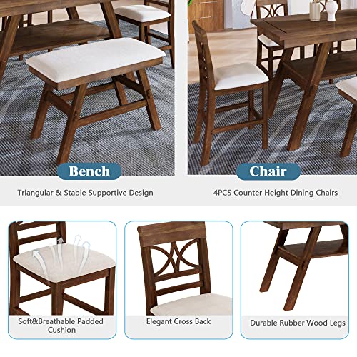 Dinehome 6-Piece Wood Counter Height Dining Storage Shelf, Kitchen Table Set with Bench and 4 Chairs,Rustic Style, Walnut+Beige Cushion, 60" x 30"