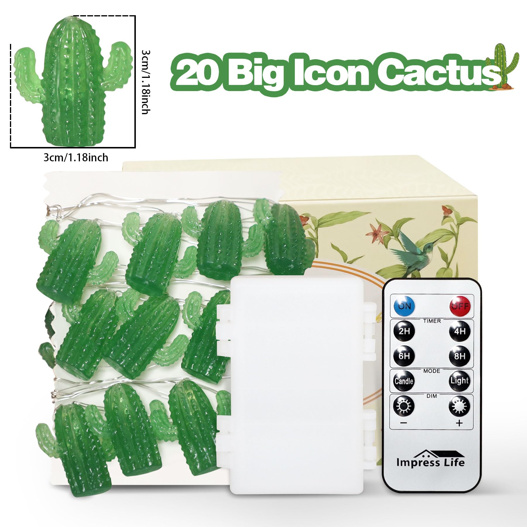Tropical Themed String Lights Decoration, Cactus Succulents 10ft 20 LEDs Cacti Fairy Lights Battery Powered Remote for Desert Texas Cowboy Wreath Bedroom Wedding Home Party Supplies Decor