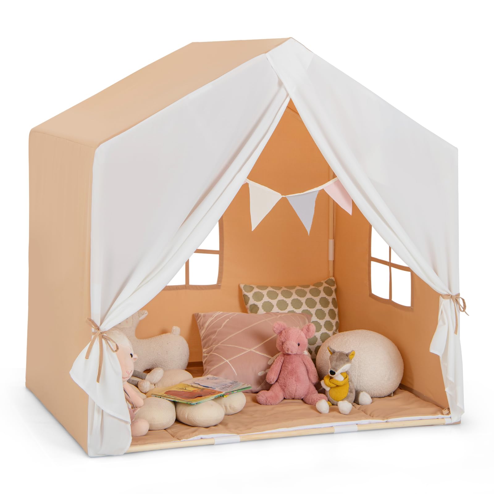 Costzon Large Kids Tent with Mat, Children's Play Tent w/Flag Banner, Windows, Gauze Curtain, Solid Wood Frame, Indoor Outdoor Kids Playhouse for Boys & Girls Age 3 + (Orange)