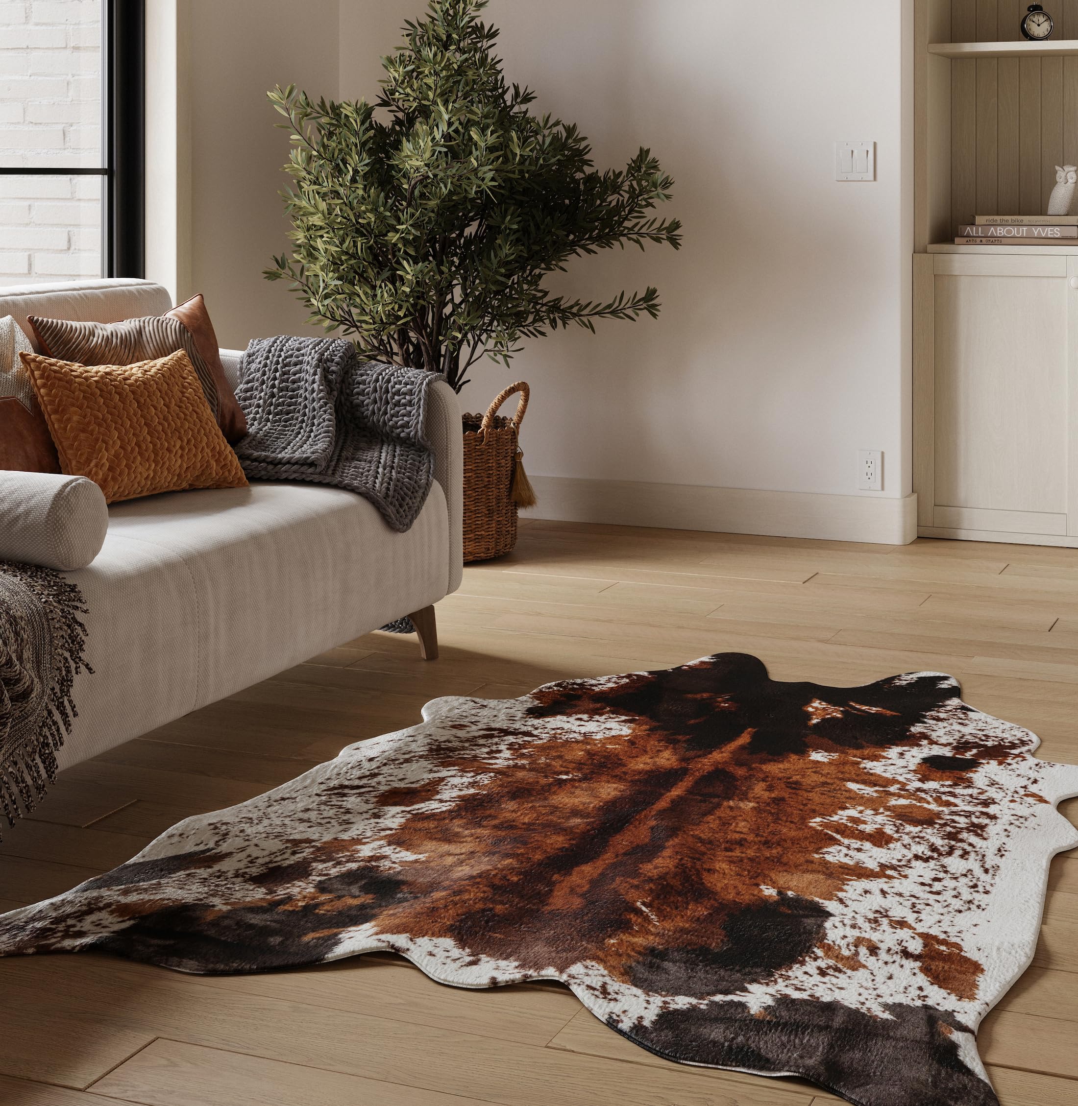 NativeSkins Faux Cowhide Rug ā Earthy Browns (Oversized) | 6.2ft x 8.2ft | Triple-Layer Support | Ultra-Soft Pile | Hand-Cut, Faux Suede No-Slip Backing | Western Rug | Cow Hide Animal Print Rug