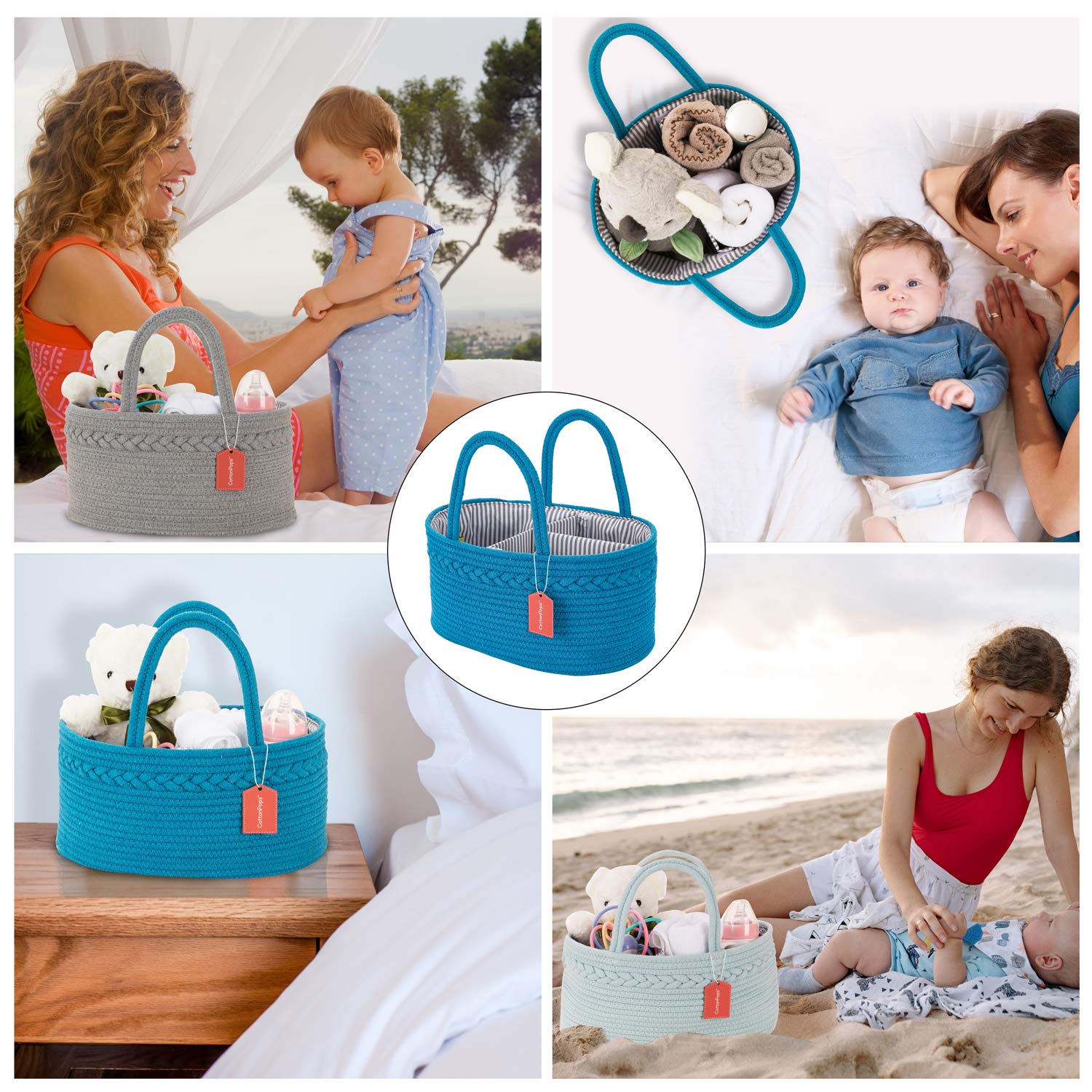 CottonPops 14.2" x 9" x 7" Baby Diaper Caddy Organizer Basket Nursery Storage Car Organizer Baby Shower Basket (Grey)