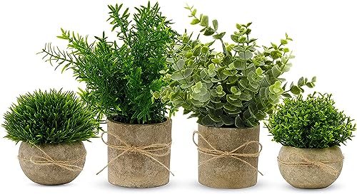 PENGYEE 4Pcs Small Fake Plants for Shelf Decor - Faux Plants Indoor Desk Decorations - Fake Eucalyptus Decor Mini Rosemary Plants for Home Kitchen Office Room Greenery Decor