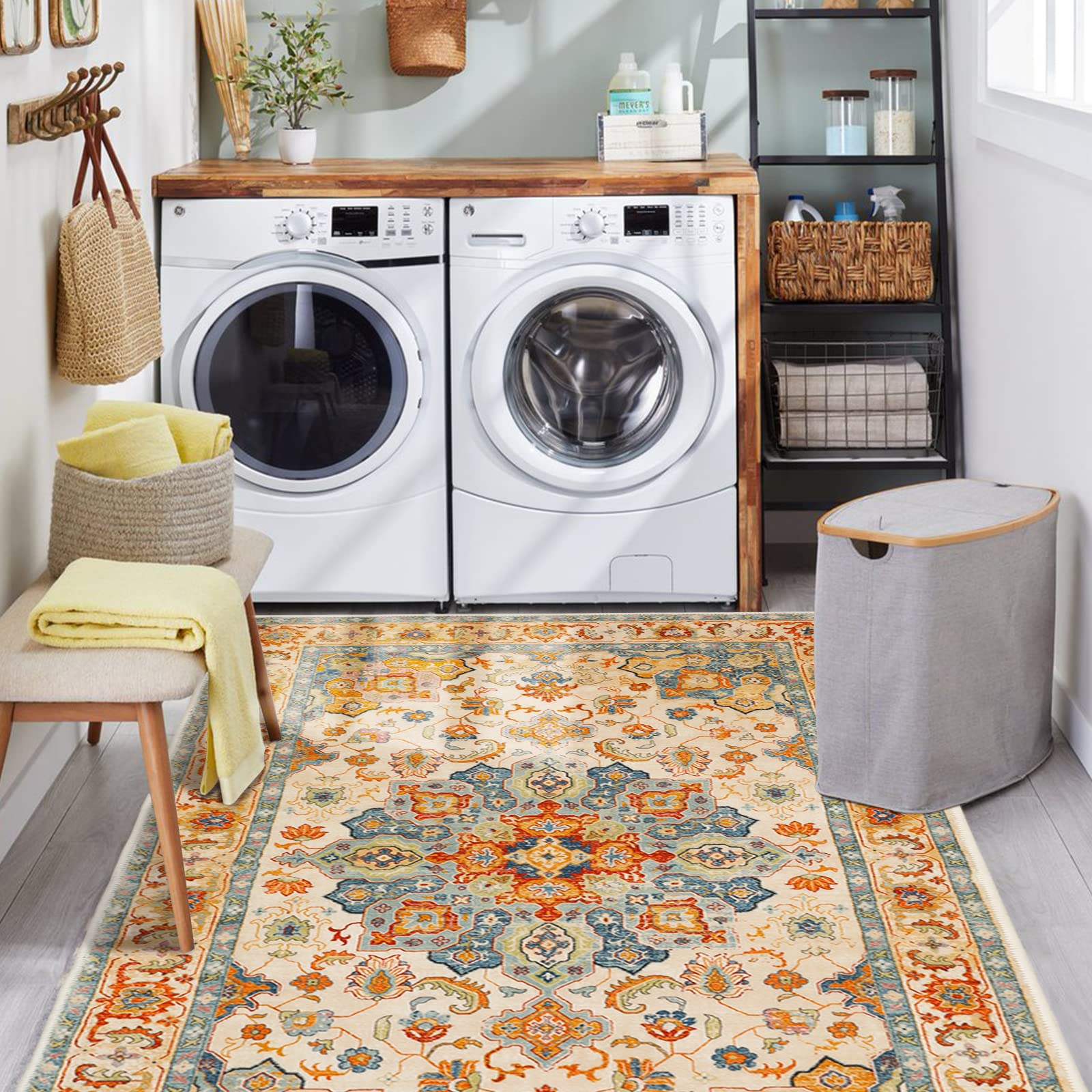 COMSLE Boho Area Rug, 4' x 6' Machine Washable Rugs for Entryway Faux Wool Large Rugs Distressed Throw Rug Non-Slip Floor Carpet for Indoor Bedroom Kitchen Living Room