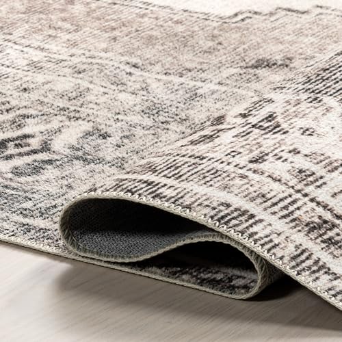 nuLOOM Gladys Machine Washable Vintage Medallion Ultra Thin Runner Rug, 2' 6" x 12', Light Grey