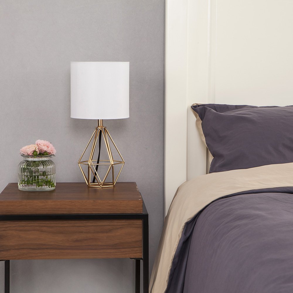 COTULIN Gold Modern Hollow Out Base Bedroom Small Table Lamp,Bedside Nightstand Lamp with Geometric Metal Base White Fabric Shade,Cute Desk Lamp for Kids Living Room
