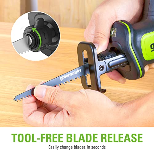 Greenworks 24V Brushless 1" Compact One-Handed Reciprocating Saw (3,000 SPM), Cordless Powered Variable Speed Recip Saw, 2.0Ah Battery and Compact Charger Included, RSG404