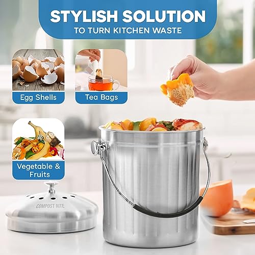 Compost Rite Stainless Steel Compost Bin for Kitchen - 1.3 Gallon, Indoor Countertop Compost Bin, Kitchen Compost Bucket with Lid & Carrying Handle, Odor-Free Compost Pail for Food Waste