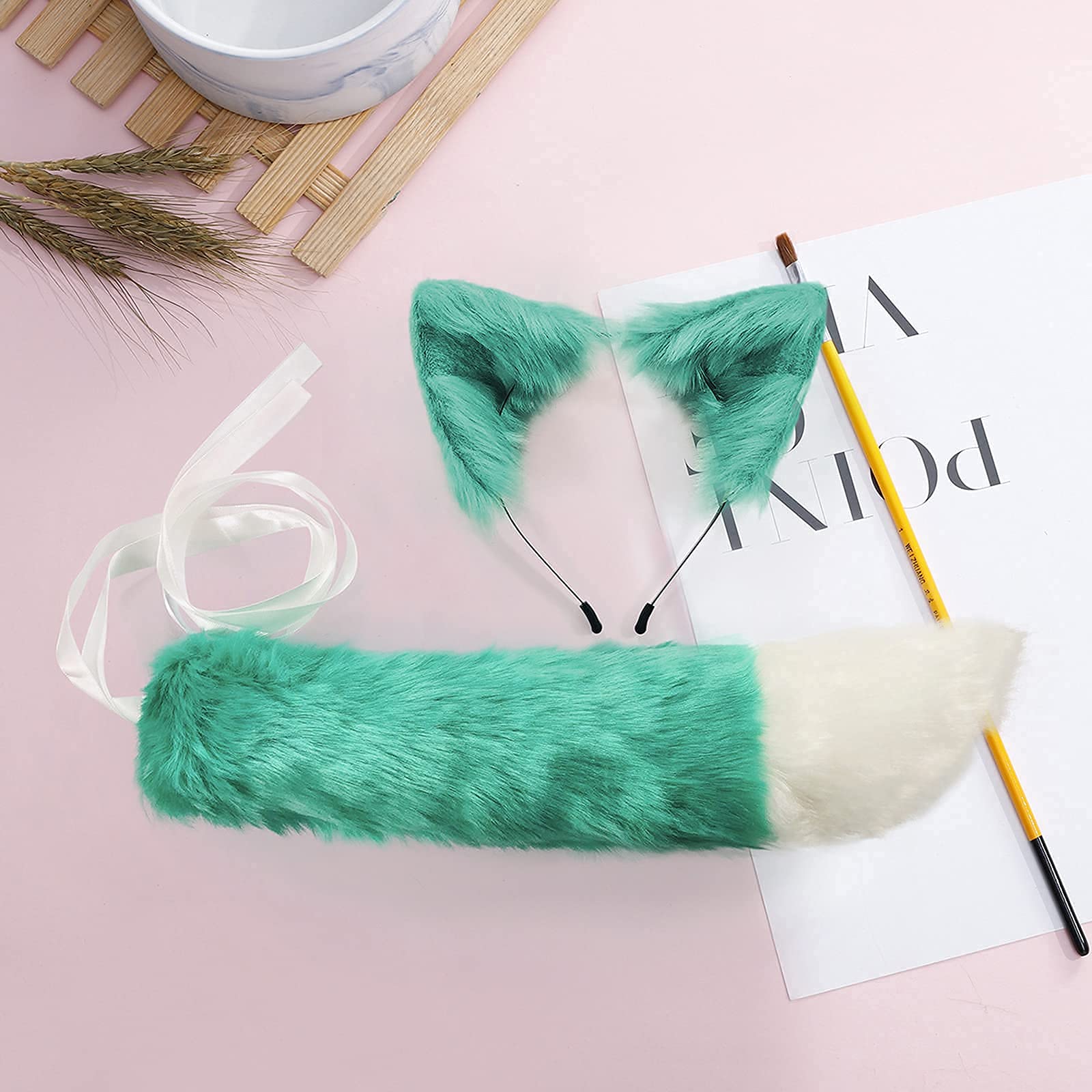 COSYEARS Handmade Fox Wolf Ears Headband and Faux Fur Tail for Halloween Cosplay Party Costume Accessories