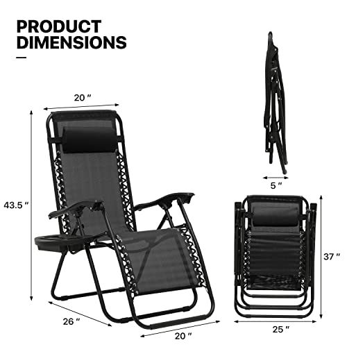 MoNiBloom 2 Pack Patio Zero Gravity Chair Outdoor Folding Adjustable Reclining Black Chairs Pool Side Beach Lawn Lounge Chair with Pillow and Cup Holder, 330lbs Capacity, Black
