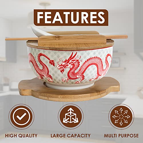 XWORLD Japanese Ceramic Ramen Noodle Bowls Set with Ceramic Spoon, Bamboo Chopsticks, Lid & Trivet, Serving Capacity of 33.8 OZ, Microwavable Oven Safety (3.3β x 6.6β D) (Red Dragon)