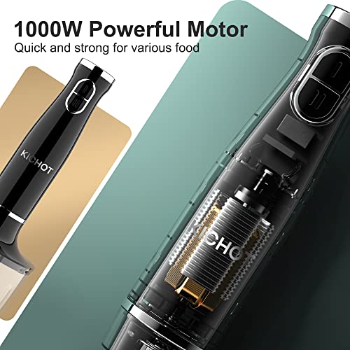 Kichot Emersion Hand Blender, 1000W 4 In 1 Electric Stick Blender for Kitchen with Food Chopper, Egg Whisk, Stainless Sticker, 600ml Mixing Beaker for Smoothies, Soups, Sauces, Baby Food ( Black)